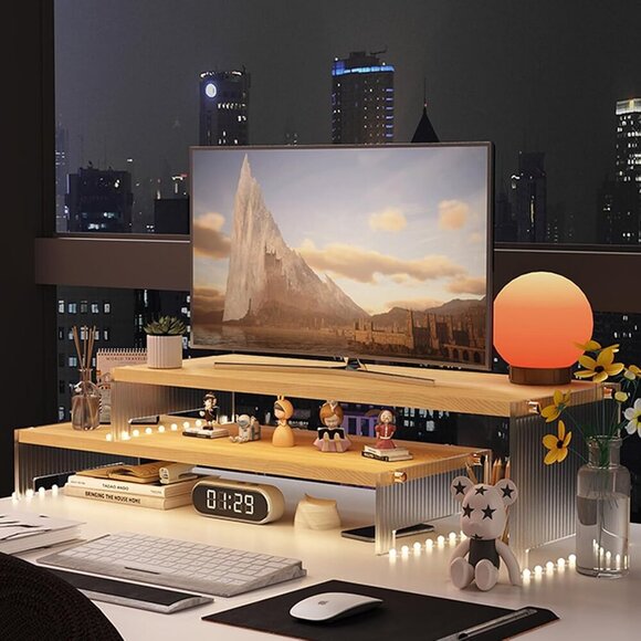 Other | Wood Adjustable Monitor Riser For Desk 2 Tier Dual Monitor ...